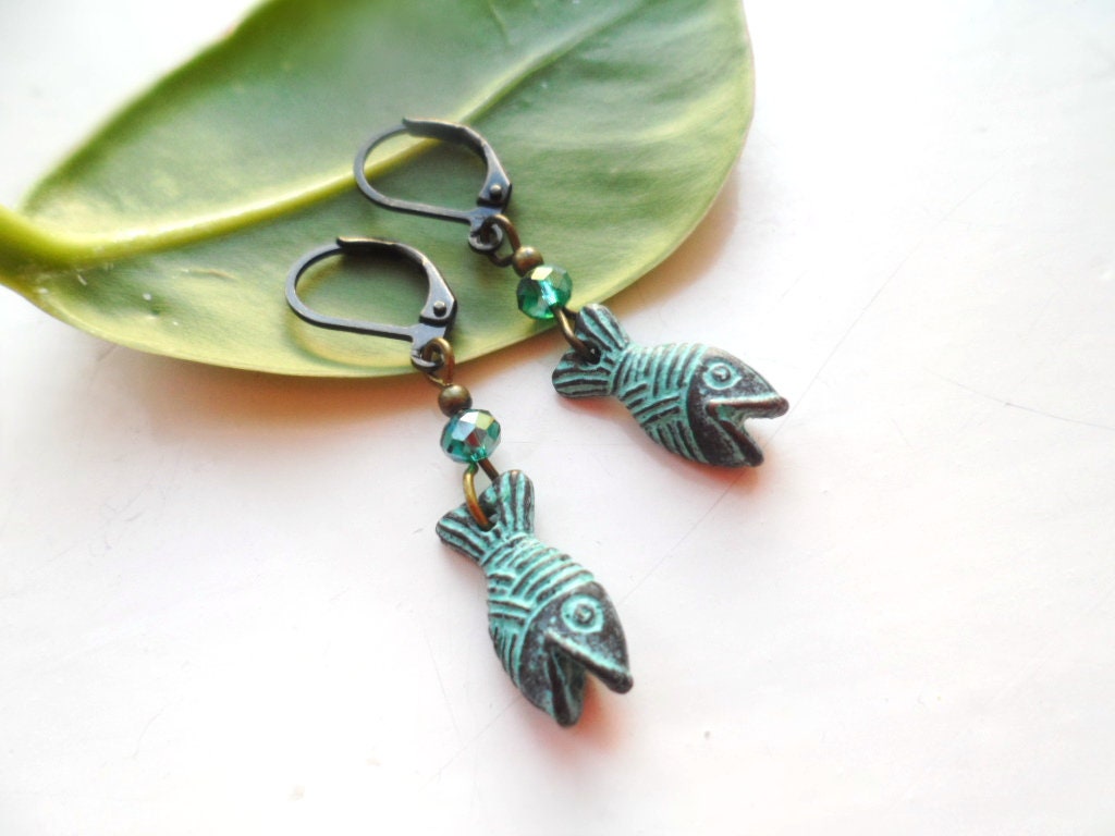 Beautiful Patina Verdigris Fish Earrings With Turquoise Glass Beads ...